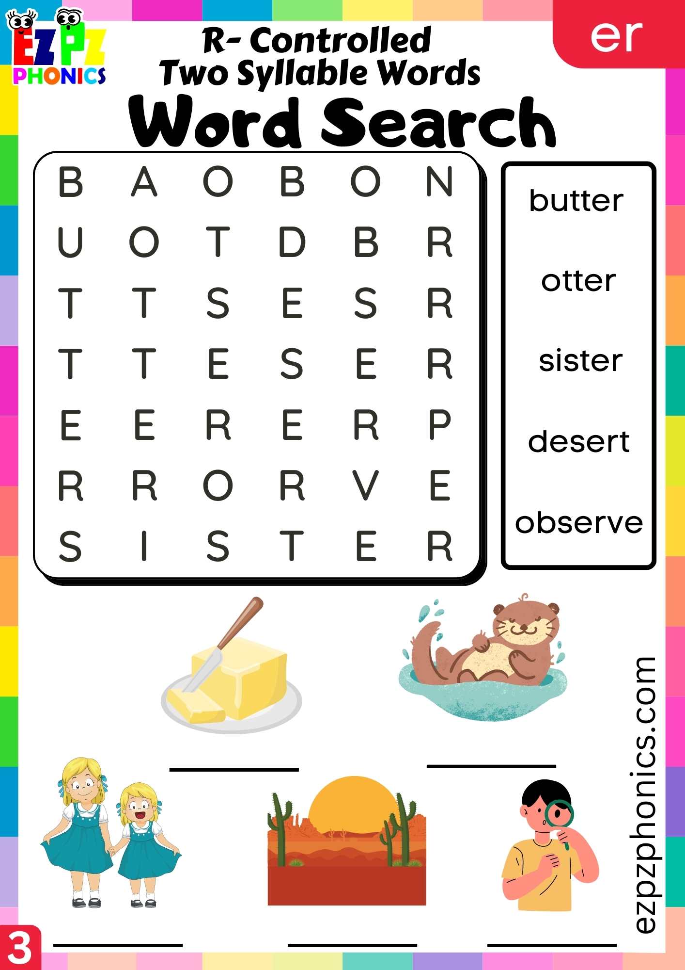 Word search activity for two syllable er words R controlled vowels phonics group 3 - ezpzphonics.com